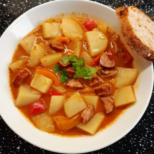 Simple and comforting potato goulash with smoked sausage - Markie's Kitchen